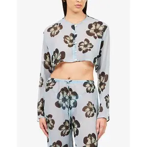 HYPHEN Floral Print Sheer Cropped Top