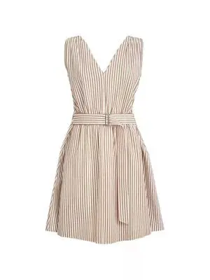 Brunello Cucinelli Techno-cotton Striped Seersucker Belted Mini Dress With Monili - Neutrals