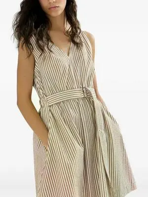 Brunello Cucinelli Techno-cotton Striped Seersucker Belted Mini Dress With Monili