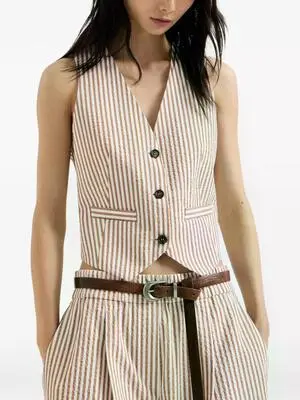 Brunello Cucinelli Techno-cotton Striped Seersucker Vest With Monili Embellishment