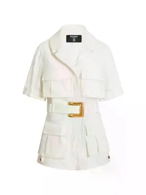 Balmain Belted Denim Playsuit - White