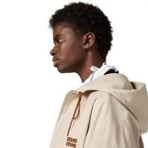 Miu Miu Single-breasted Cotton Caban Jacket With Hood - Limestone