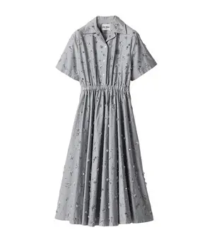 Miu Miu Cotton Satin Midi Shirt Dress With Crystal Embellishments