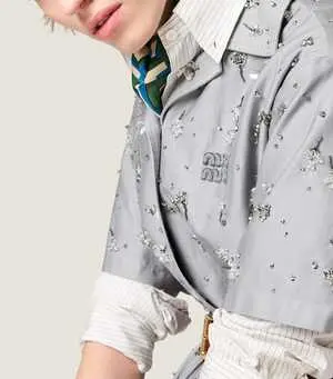 Miu Miu Cotton Satin Midi Shirt Dress With Crystal Embellishments