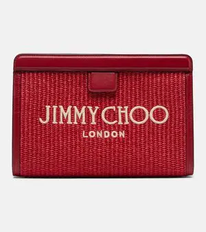 JIMMY CHOO Avenue Small Leather-trimmed Raffia Pouch