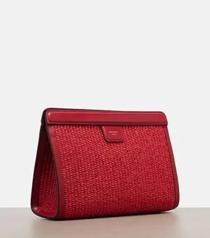 JIMMY CHOO Avenue Small Leather-trimmed Raffia Pouch