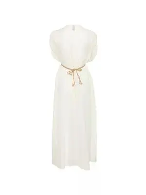 120% Lino Braided-tie Gathered-waist Maxi Dress