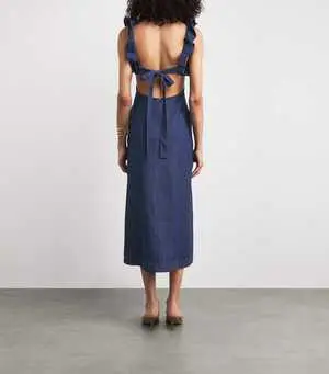 Zimmermann Aster Denim Frilled Midi Dress
