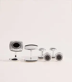 Tateossian Onyx Graffiato Rounded Square Cufflinks And Studs Set - Black