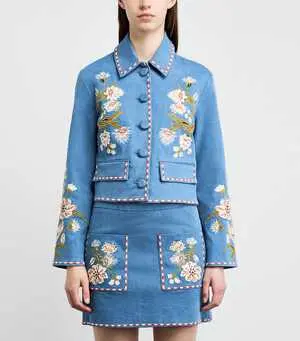 Veronica Beard Embroidered Tailored Denim Jacket