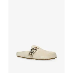 Burberry Suede Clogs With Tartan Strap - Bone
