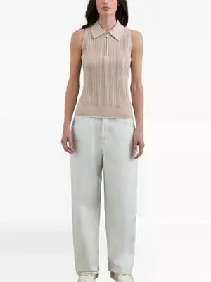 MOORER Ribbed-knit Sleeveless Polo Shirt - Neutrals