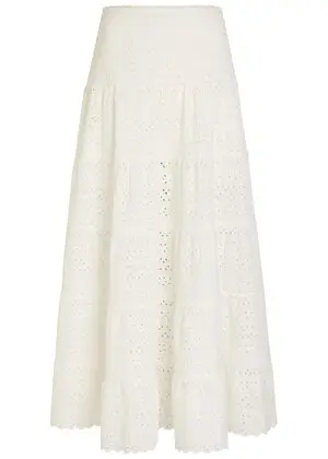 Rixo Ripeka Embroidered Cotton Midi Skirt