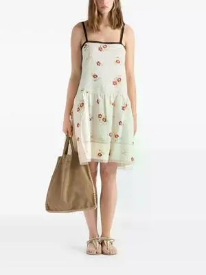Prada Floral Embroidered Linen Mini Dress - Neutrals