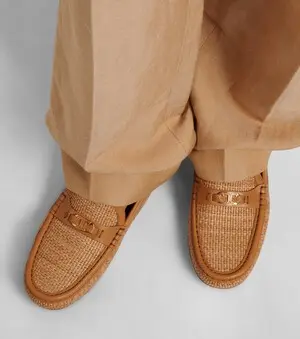 TOD'S Gommino Raffia Loafers With Leather Trim And Gold Tone Hardware