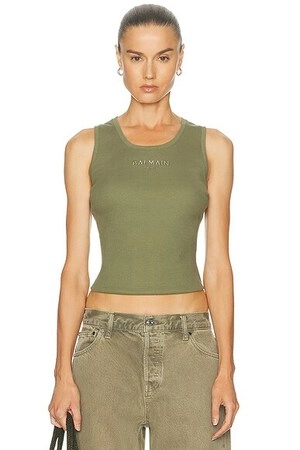 Balmain Small Paris Embroidered Jersey Tank Top - Vert