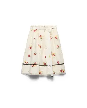 Prada Floral Print Linen Skirt With Tie Belt - Ruby Red