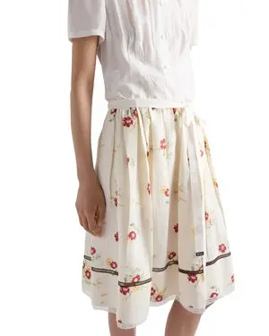 Prada Floral Print Linen Skirt With Tie Belt - Ruby Red