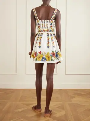 Farm Rio Belted Printed Linen-blend Mini Dress