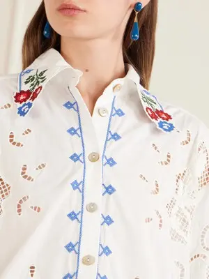 Farm Rio Embroidered Broderie Anglaise Cotton Shirt