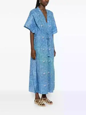ELLEBLEU Floral Print V-neck Kaftan Dress With Drawstring Waist
