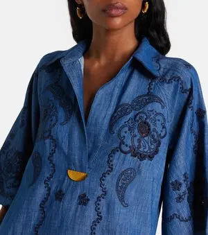 Zimmermann Aster Embroidered Denim Midi Dress