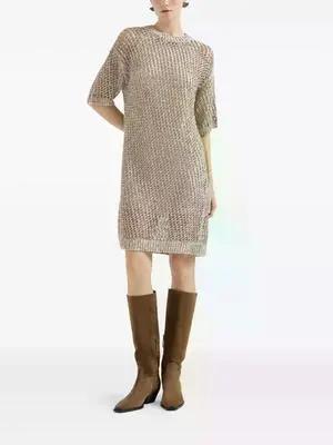 Brunello Cucinelli Silk And Linen Chiné Net Knit Dress - Neutrals