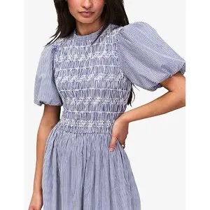 RO&ZO Shirred-bodice Striped Woven Midi Dress - Blue