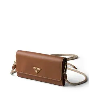 Prada Leather Wallet With Shoulder Strap - Cognac