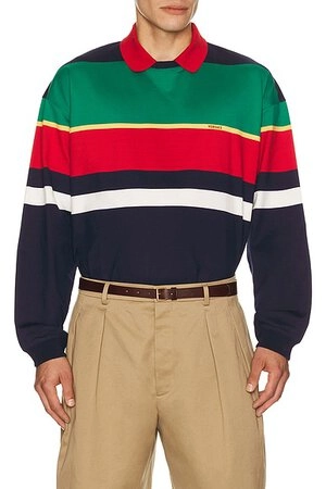 Versace Heavy Striped Cotton Jersey Long Sleeve Polo With Embroidered Logo
