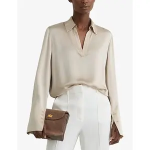 REISS Marina Silk Open-collar Blouse - Neutral