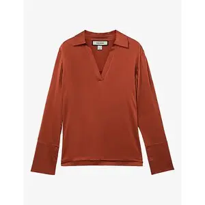 REISS Marina Silk Open-collar Blouse - Rust Orange