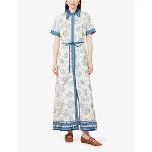 ALEMAIS Graphic Pattern Linen Midi Shirt Dress