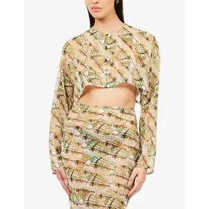 HYPHEN Butterfly-print Cropped Sheer Top