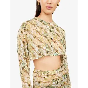 HYPHEN Butterfly-print Cropped Sheer Top