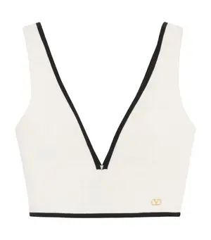 Valentino Garavani Cotton Tweed V-neck Cropped Top - Ivory