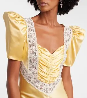 RODARTE Lace-trimmed Ruched Silk Satin Maxi Dress - Yellow
