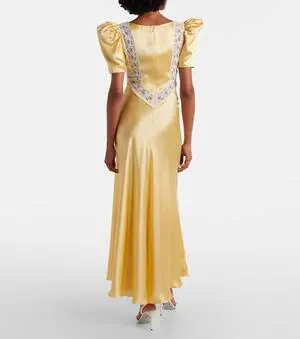 RODARTE Lace-trimmed Ruched Silk Satin Maxi Dress - Yellow