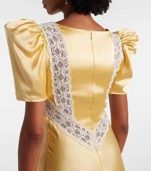 RODARTE Lace-trimmed Ruched Silk Satin Maxi Dress - Yellow