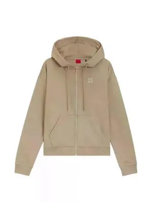 Hugo Full-zip Drawstring Hoodie With Embroidered Logo - Neutrals