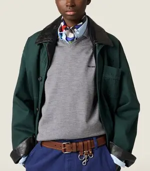 Miu Miu Cotton Chore Jacket With Leather Collar - Green
