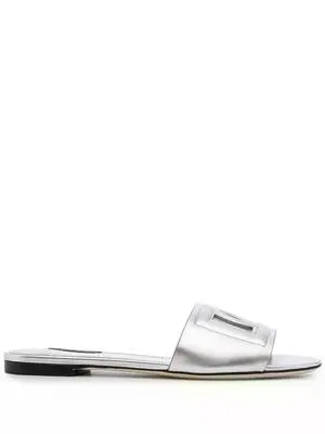 Dolce & Gabbana Dolce & Gabbana Metallic Leather Logo Slides Silver