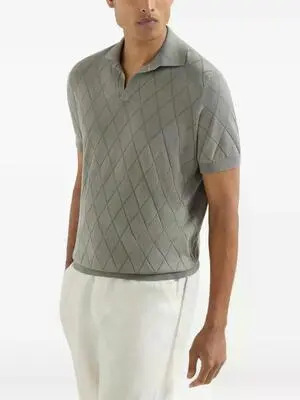 Brunello Cucinelli Cotton Textured Argyle Lightweight Knit Polo Shirt - Green