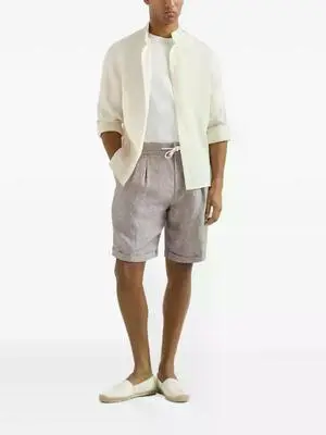 Brunello Cucinelli Linen And Hemp Diagonal Bermuda Shorts With Drawstring And Double Pleats