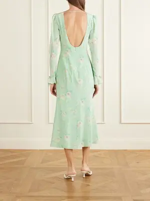 Alessandra Rich Floral Silk Crepe De Chine Midi Dress