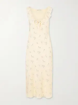 Alessandra Rich Floral-print Lace-trimmed Silk Midi Dress - Yellow