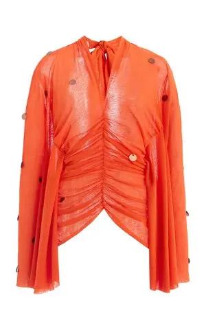 SIEDRES Embellished Jersey V-neck Top - Orange