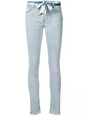 Off-White Skinny Jeans With Printed Scarf Belt - Blue