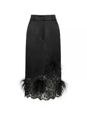 ALMAZ Feather-trim Lace-hem Midi Skirt - Black
