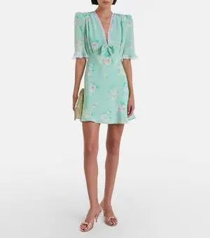 Alessandra Rich Lace-trimmed Floral Silk Mini Dress - Green